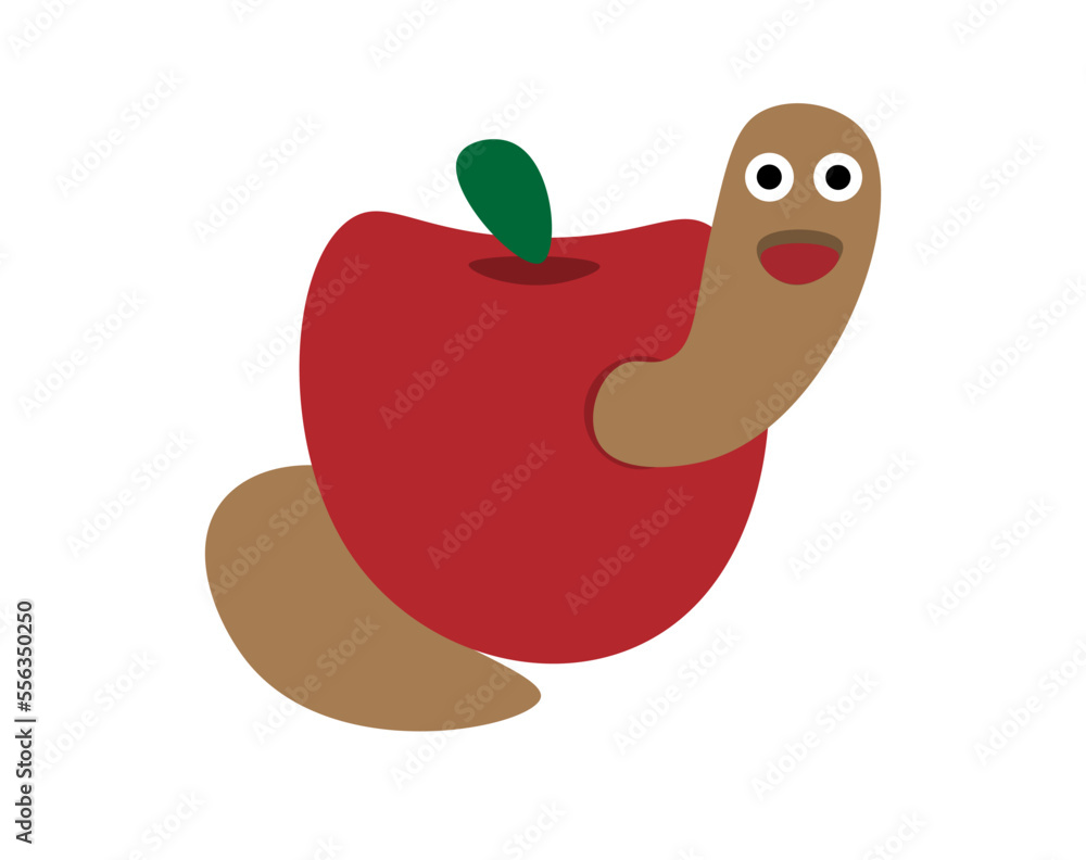 Happy worm coming out of red apple. Vector with brown worm on fruit ...