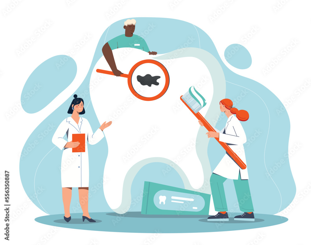 Concept of dentist. Man and women with brushes near large tooth. Caring ...