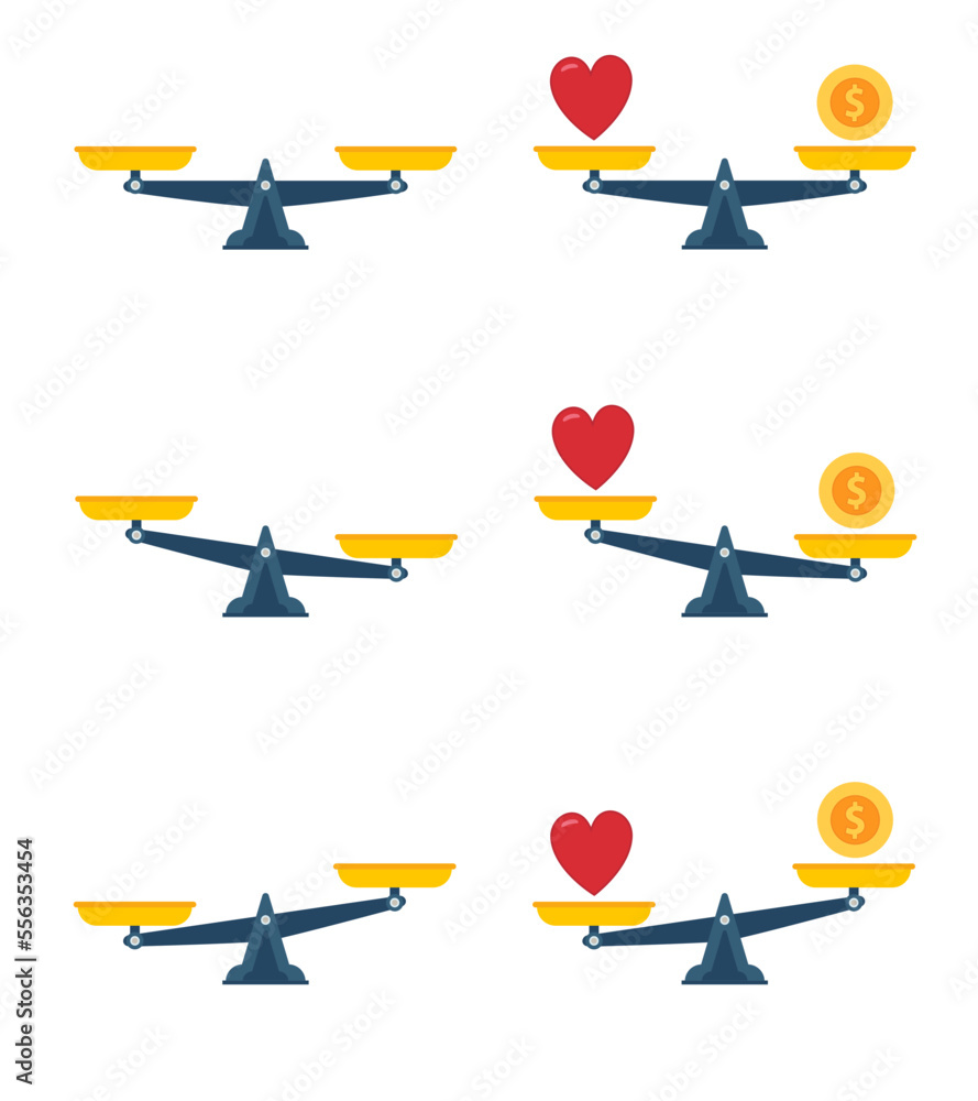 A set of scales is depicted on a white background, on which love and ...
