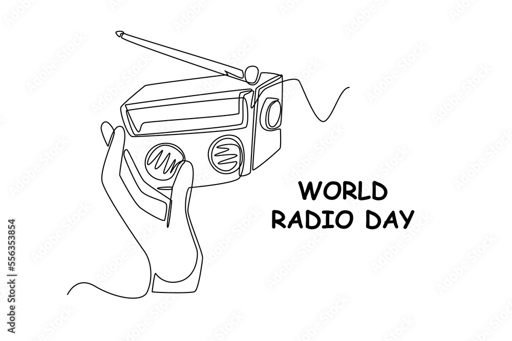 Single one line drawing hand holding a classic radio. World radio day ...