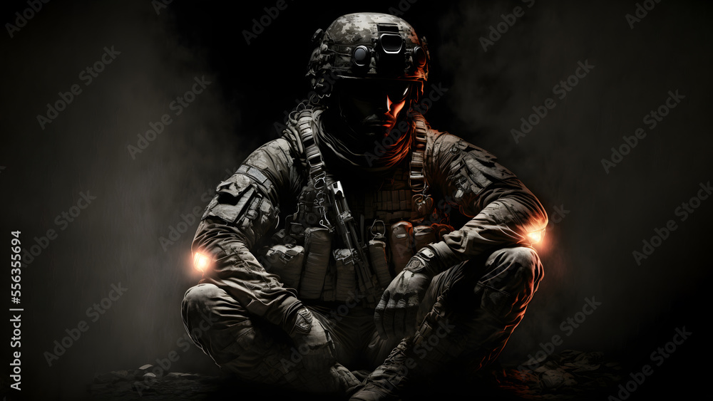 soldier in camouflaged uniform, sitting with vertical dramatic light ...
