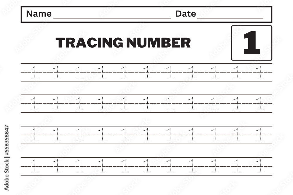 Number 1 tracing practice worksheet with all numbers for kids learning ...
