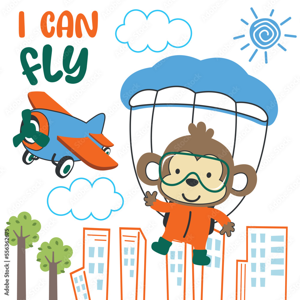 Vector illustration of a cute little monkey flying with a parachute ...