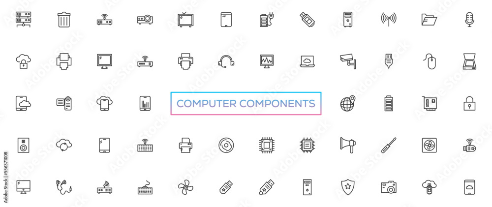 Vector icons of computer components. Editable Stroke. Parts of a PC ...