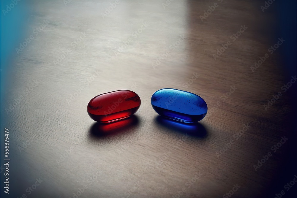 Red Pill or Blue Pill, Which you Choose? on a white dish or white table ...