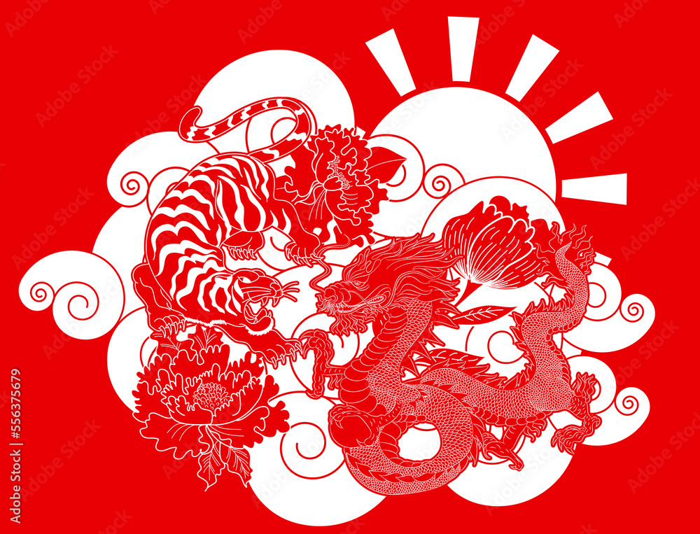 Dragon fighting with tiger tattoo.Dragon and tiger on cloud and red ...