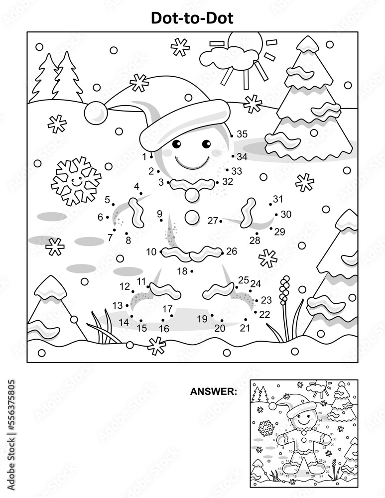 Gingerbread man dot-to-dot picture puzzle and coloring page. Answer ...