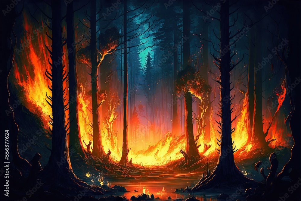 An intensive and extensive Forest Fire, with burning trees and land ...