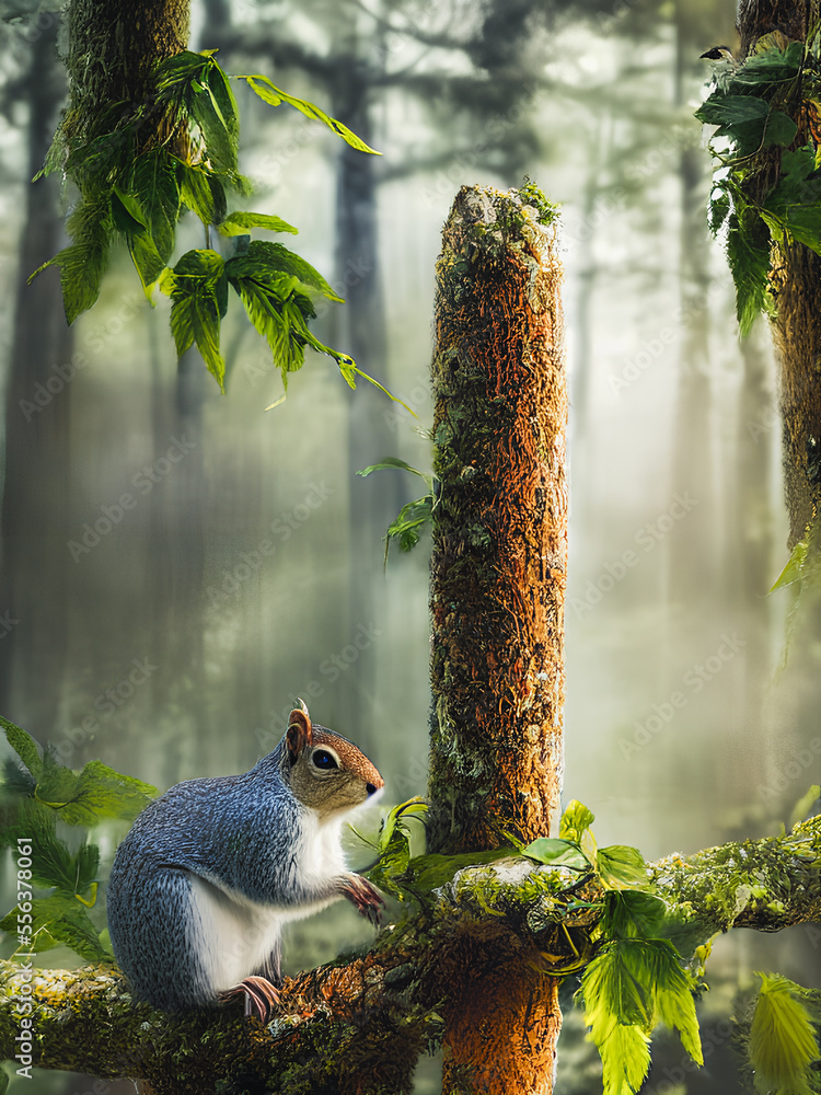 Squirrel in a lush, green forest setting. The small, agile animal is ...