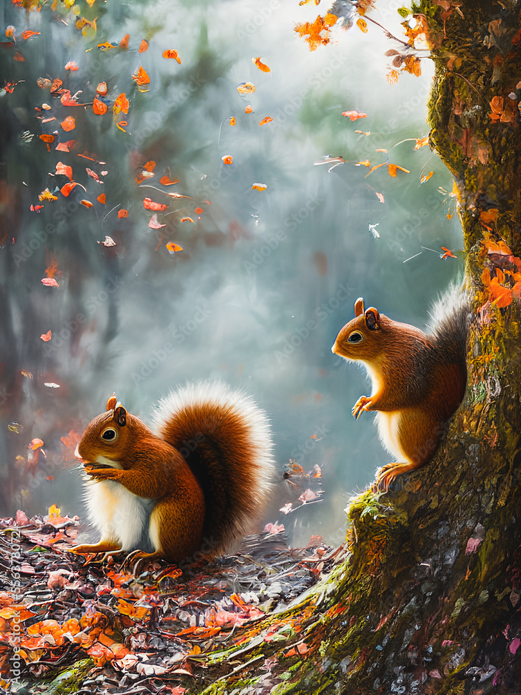 Squirrel in a lush, green forest setting. The small, agile animal is ...