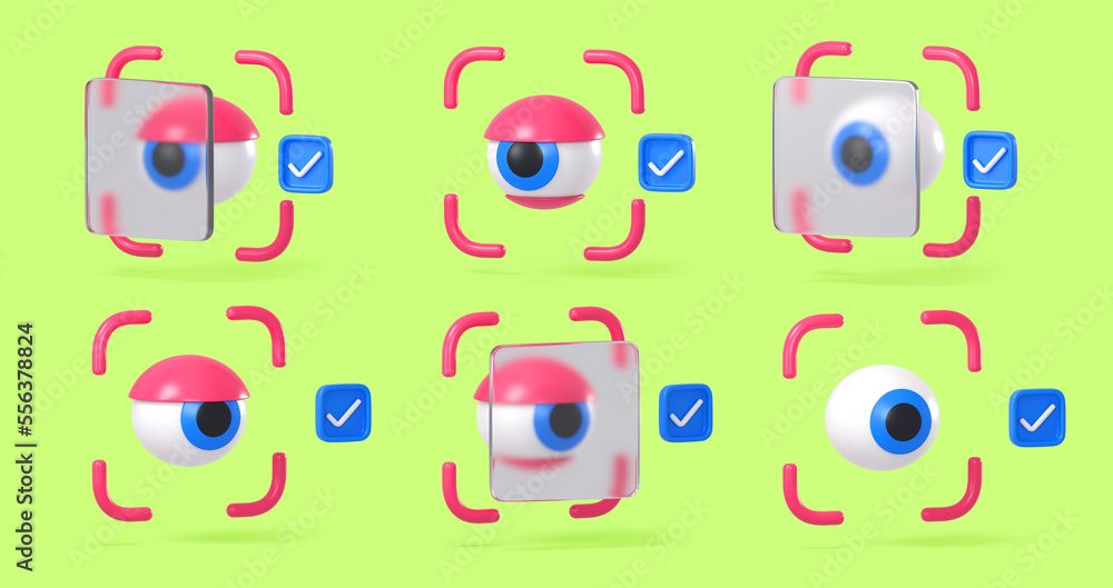 Iris recognition system. 3D render set of human eye from different ...