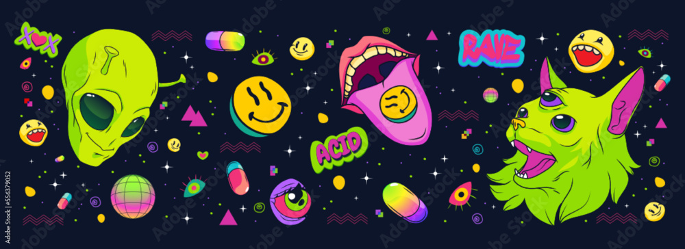 Psychedelic rave style seamless pattern with alien head, mouth and ...
