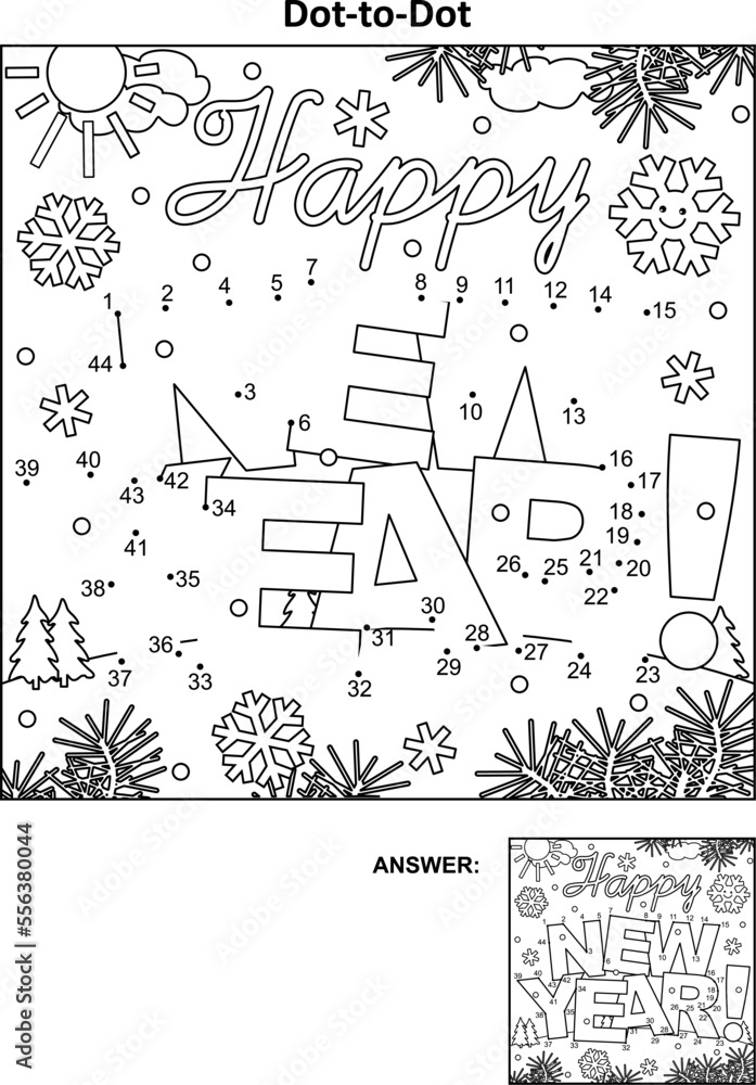 "Happy New Year!" greeting text dot-to-dot picture puzzle and coloring ...