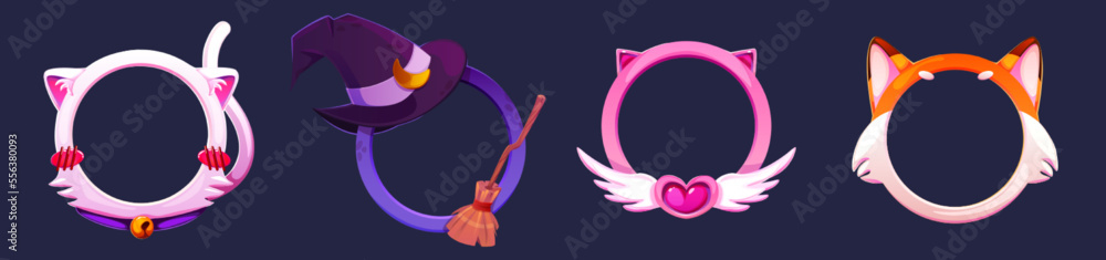 Circle game avatar frames with cats and fox ears, witch hat and broom ...