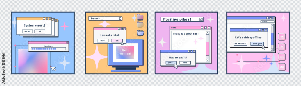Social media posters template with retro desktop computer interface ...