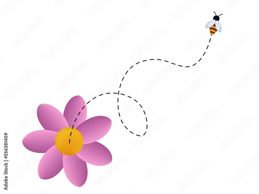 Flying bee up. Insect trajectory flight path with dotted line, loop ...