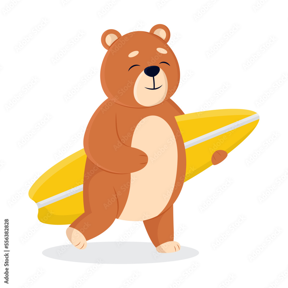 Funny Brown bear surfing, enjoying outdoor activity. Cute animal ...