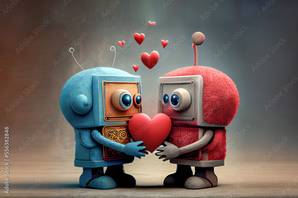 Two sweet, friendly robots in love holding hands and a red heart, a ...