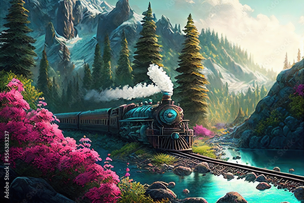 Generative AI : a train passing through hills with the Himalayas in the ...