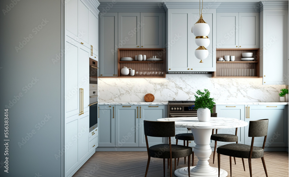 Luxury kitchen interior with new stylish furniture, white marble ...