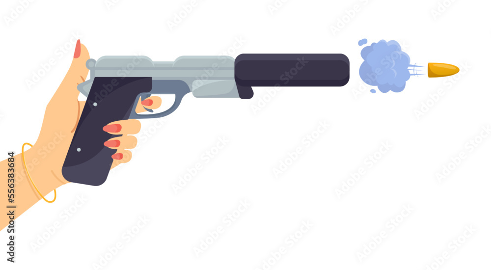 Female hand firing gun vector illustration. Cartoon drawing of woman ...