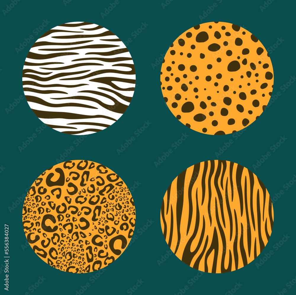 Jungle animal skin patterns in circles vector illustrations set ...