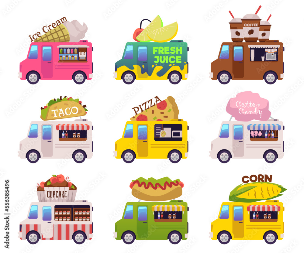 Food trucks big set of cars and vans flat cartoon vector illustration ...