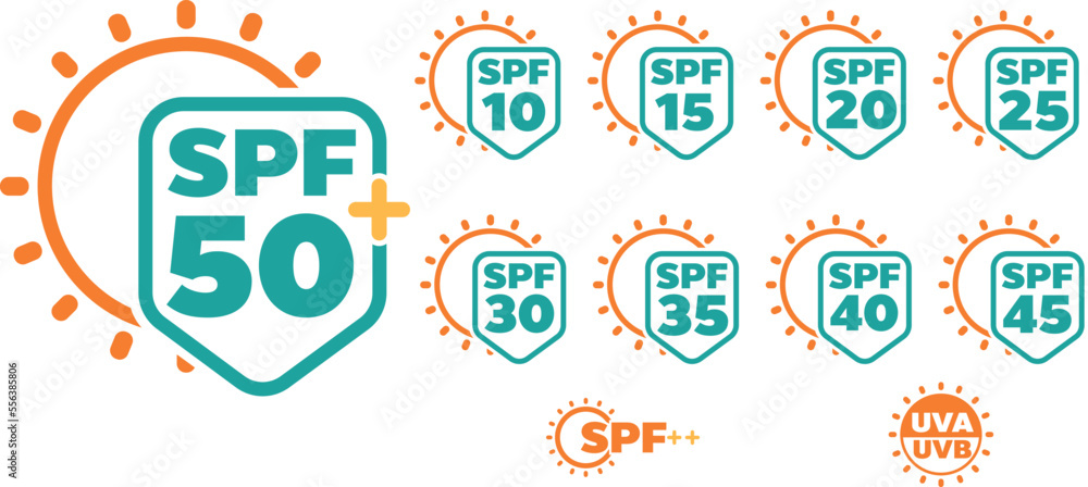 set of SPF labels or signs isolated on white background. flat design ...