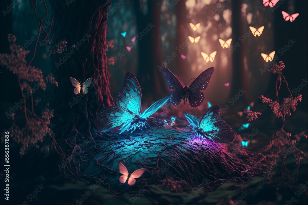 Forest, glowing colorful butterflies, light fog Stock Illustration ...