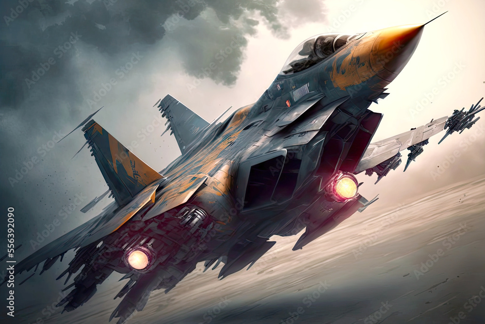Sharply soaring up military fighter jets with missiles and powerful ...