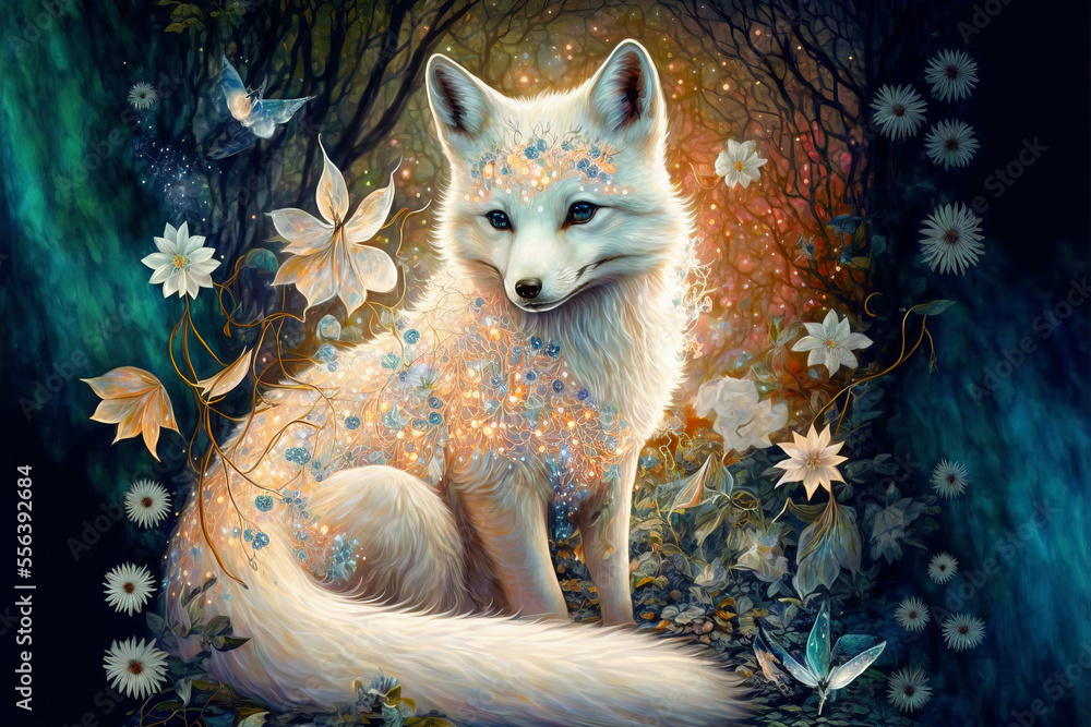 Magic white fox in fairy forest. Spirit of the forest. Digital artwork ...