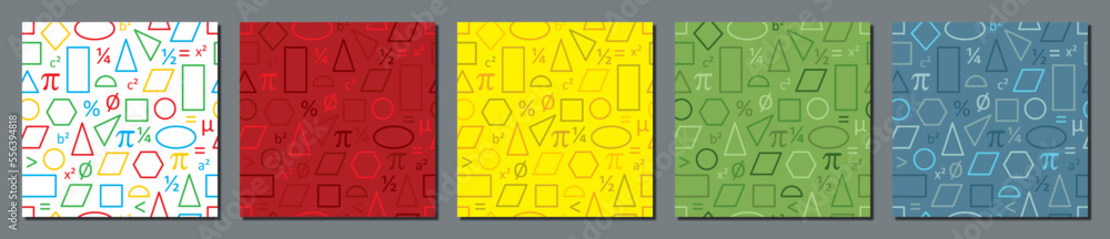 geometric shapes in primary colors and math symbols. Set of seamless ...