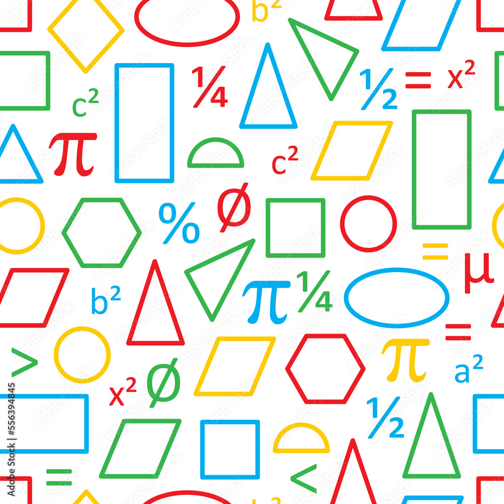 geometric shapes and math symbols in primary colors. Seamless pattern ...