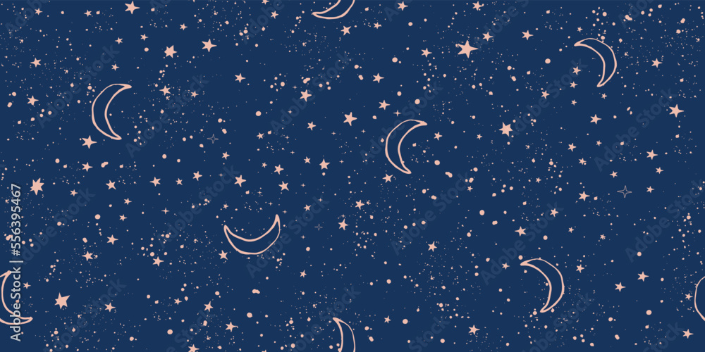 Seamless celestial pattern with stars and moon on blue sky ...