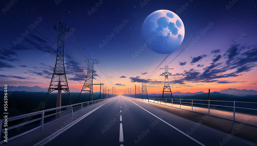 Drawing of the night road. A beautiful sky with the moon and stars ...