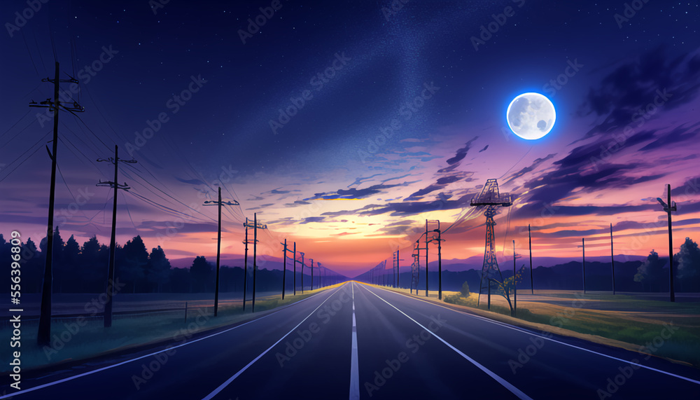 Drawing of the night road. A beautiful sky with the moon and stars ...