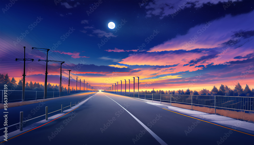 Drawing of the night road. A beautiful sky with the moon and stars ...