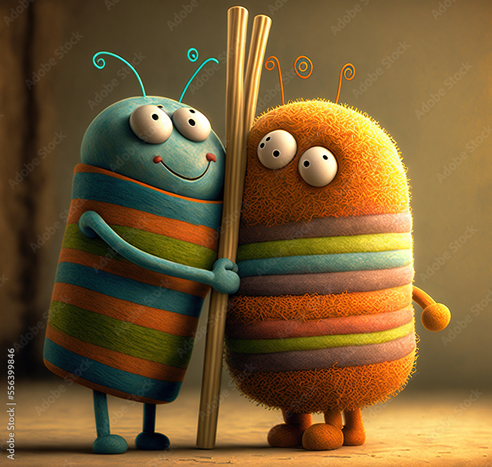 two felt and rubbers characters hugging, giving hugs to each others ...