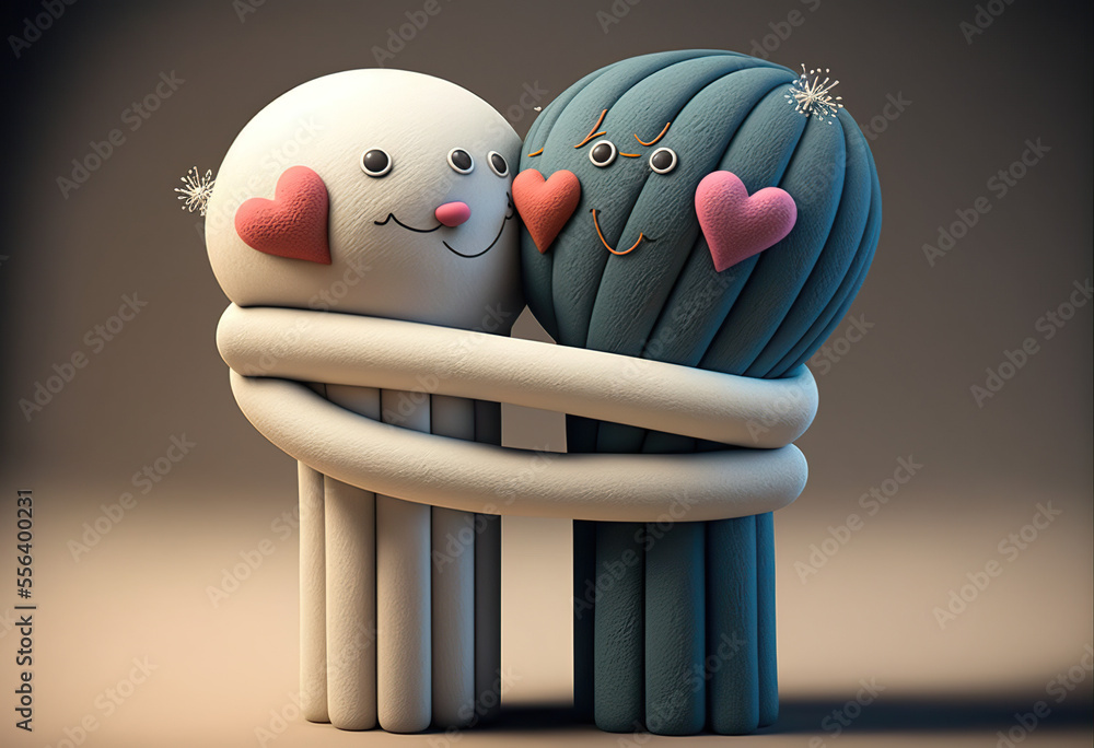 two felt and rubbers characters hugging, giving hugs to each others ...