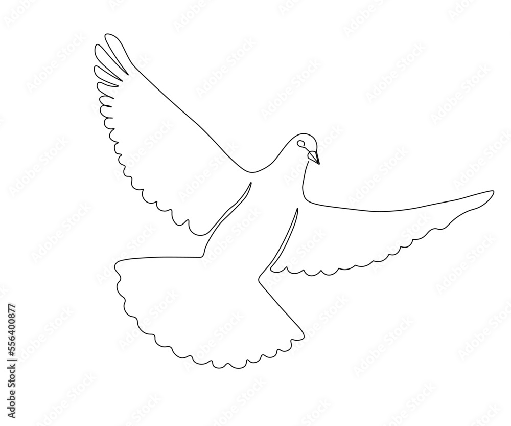 flying white dove, symbol of peace, hand drawn, continuous mono line ...