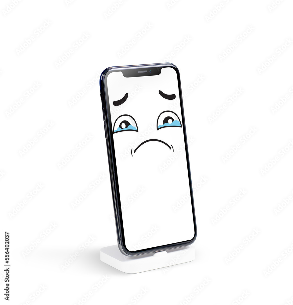 3D Mobile Phone Screen Mockup and Sad Face Emoticon with Crying Eyes ...