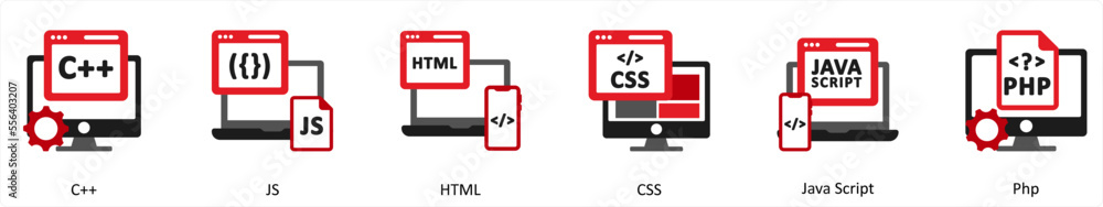 Six Technology Red and Black icons as c++, js, html Stock Vector ...