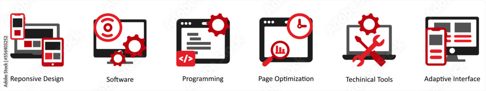 Six Technology Red and Black icons as responsive design, software ...