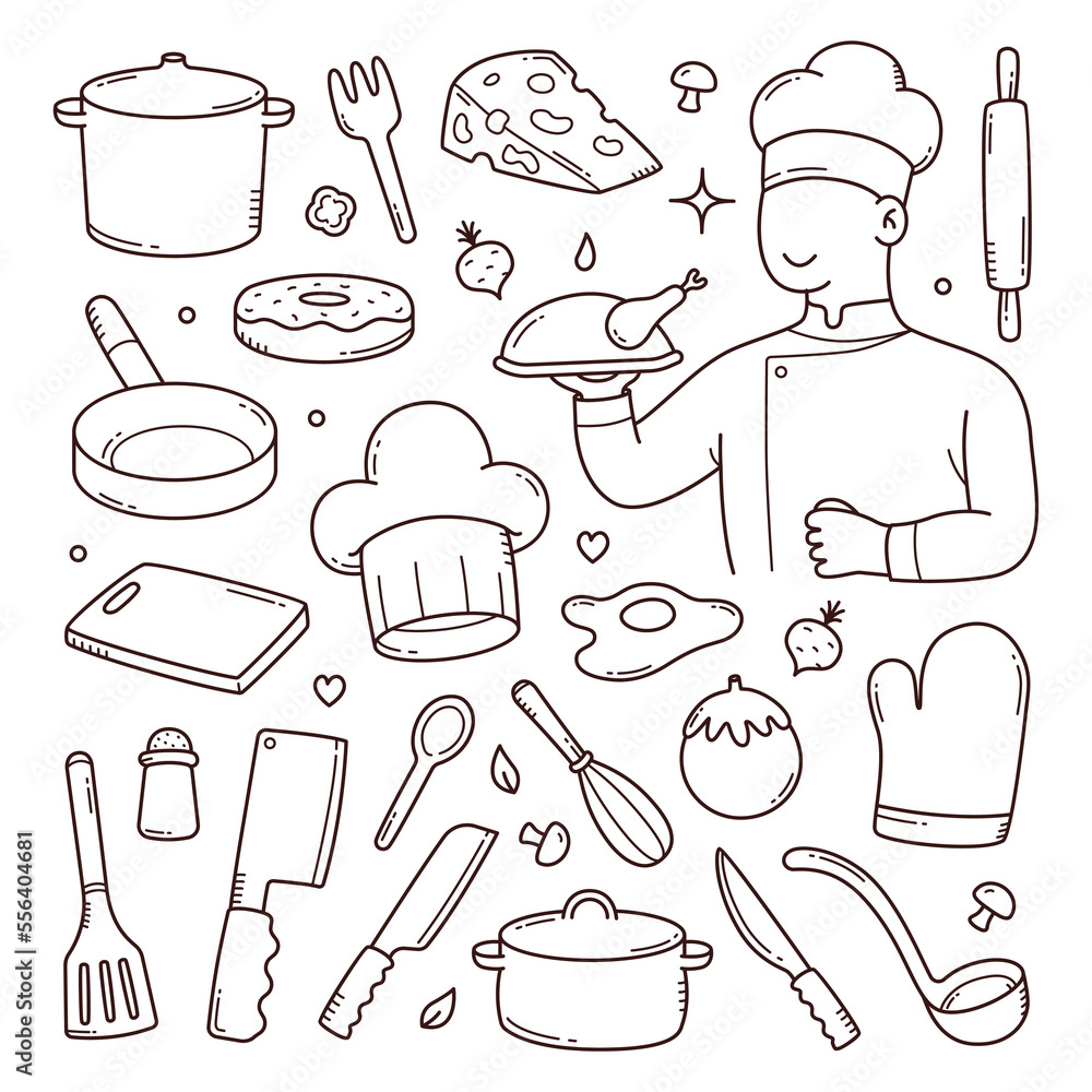 Doodle set of chef cooking tools and equipments hand drawn vector ...