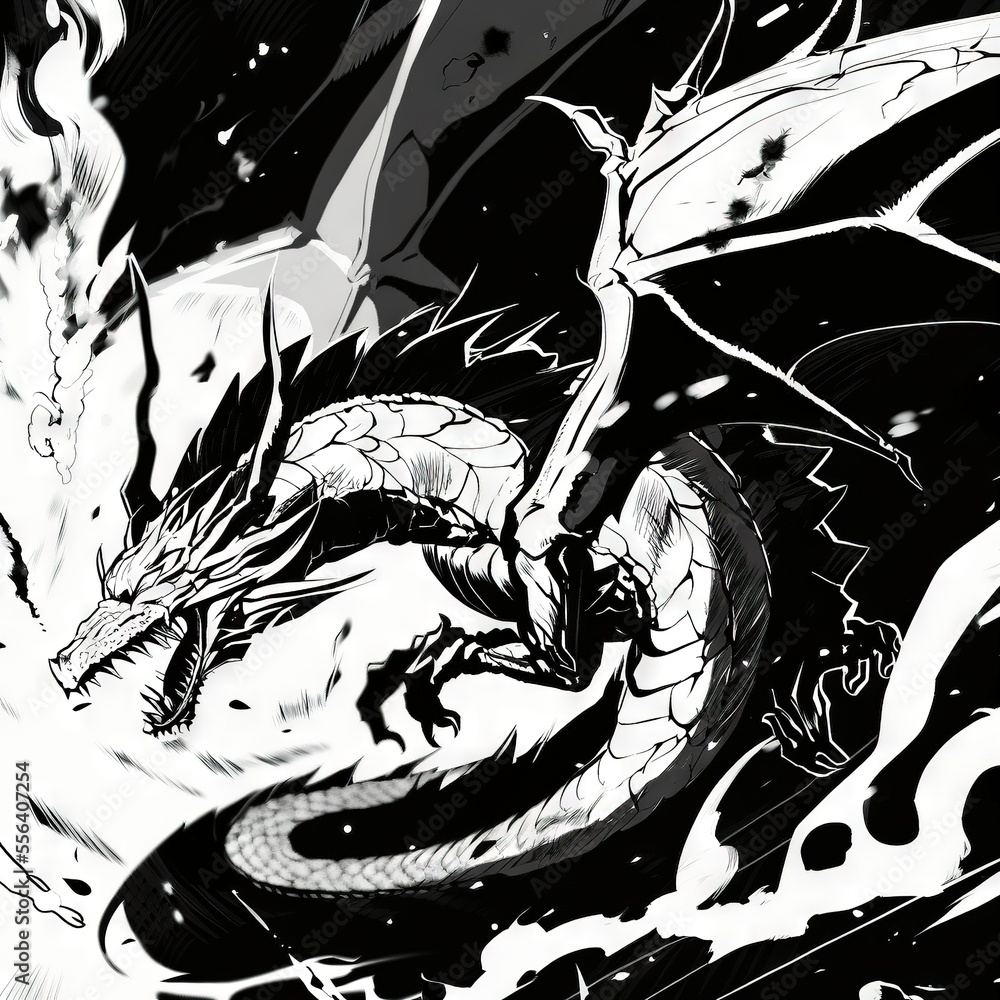 a black and white drawing of a dragon attacking a demon with its mouth ...