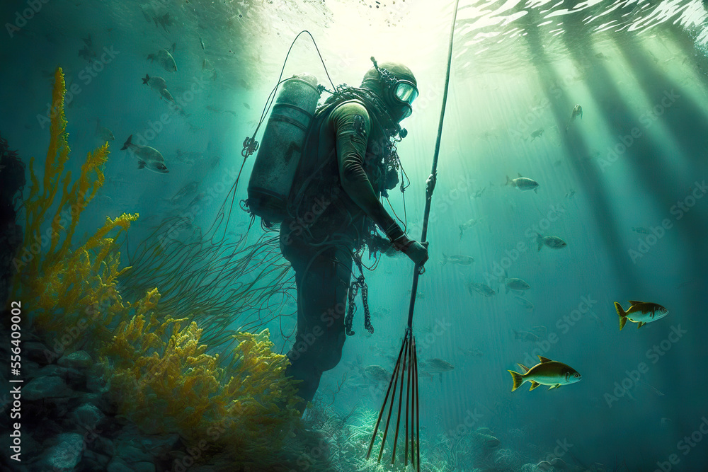 Diver in scuba suit sank to bottom and freediving Stock Illustration ...