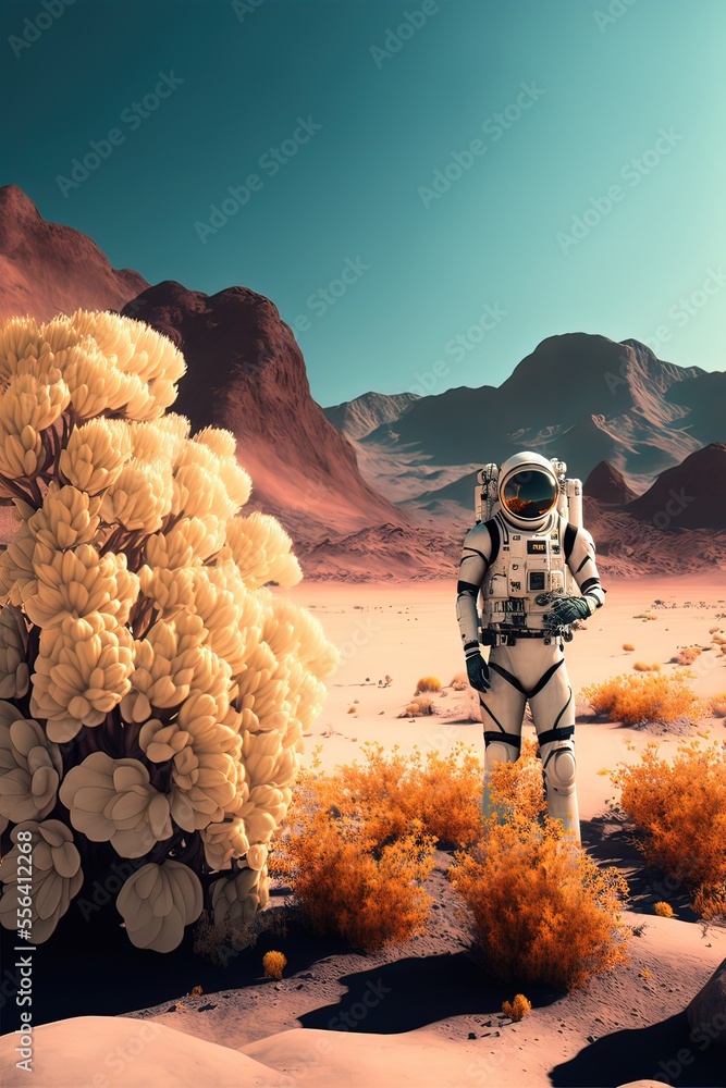 Astronaut in a alien planet desert, oasis, strange flora and fauna ...