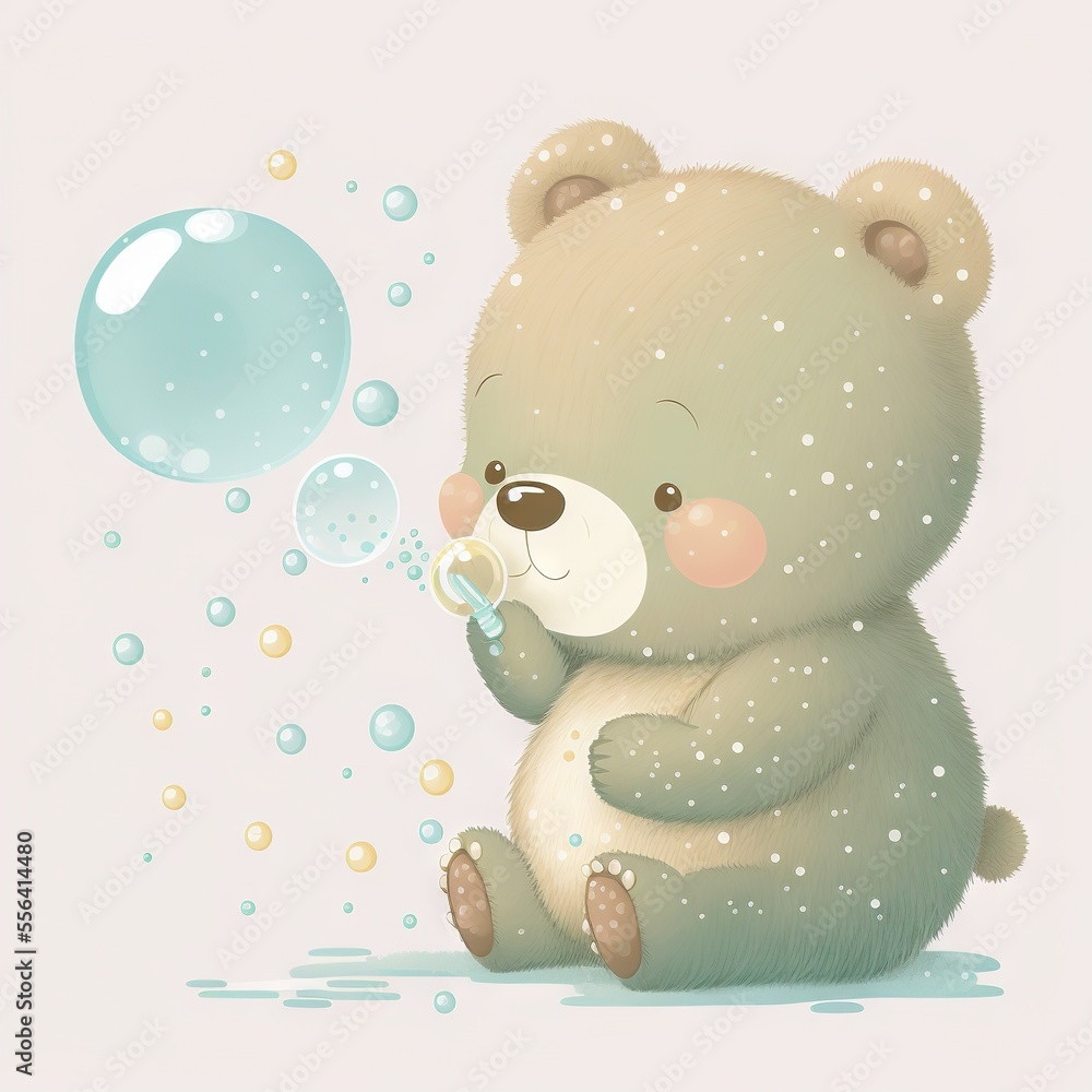 a teddy bear blowing bubbles with a bubble wand in its mouth and a ...