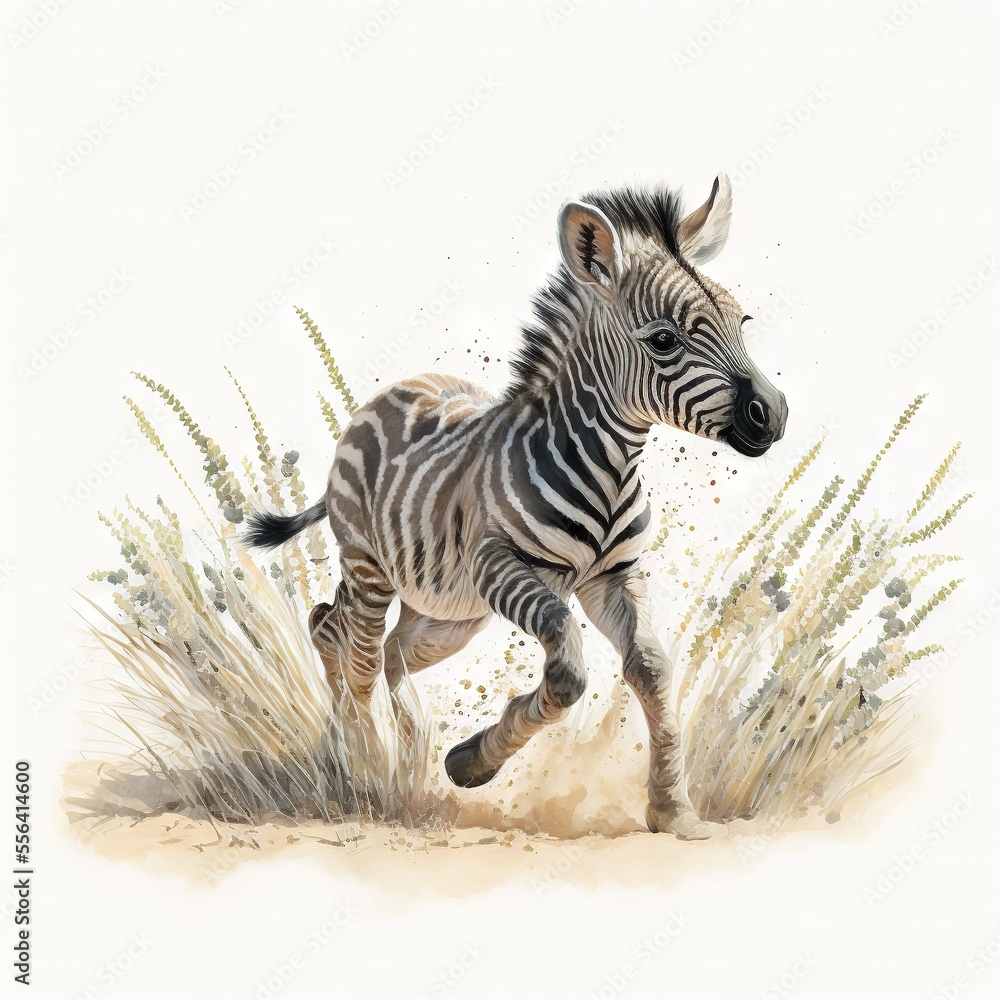 a zebra running through a field of grass and flowers with a white ...