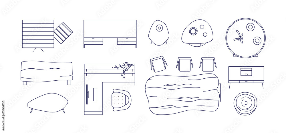 Dining and coffee tables, office desks, chairs, seats set, top above ...